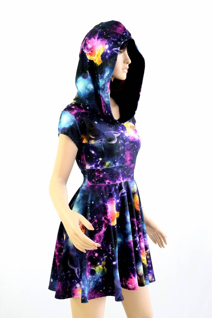 UV Glow Galaxy Print Hoodie Cap Sleeve Fit and Flare Skater | Etsy