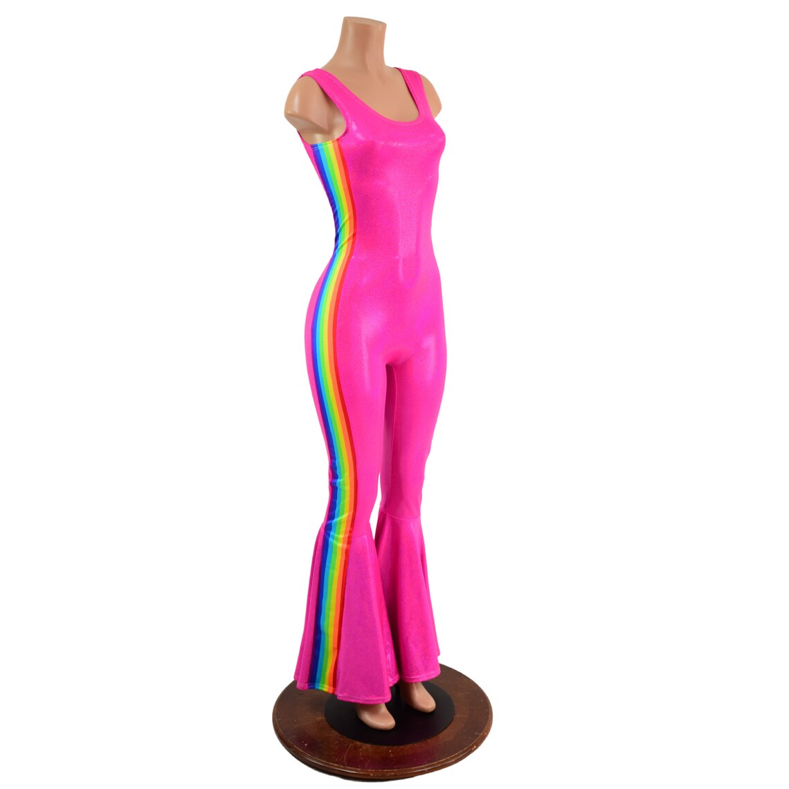 Neon Pink Sparkly Bell Bottom Tank Catsuit With Retro Rainbow - Etsy
