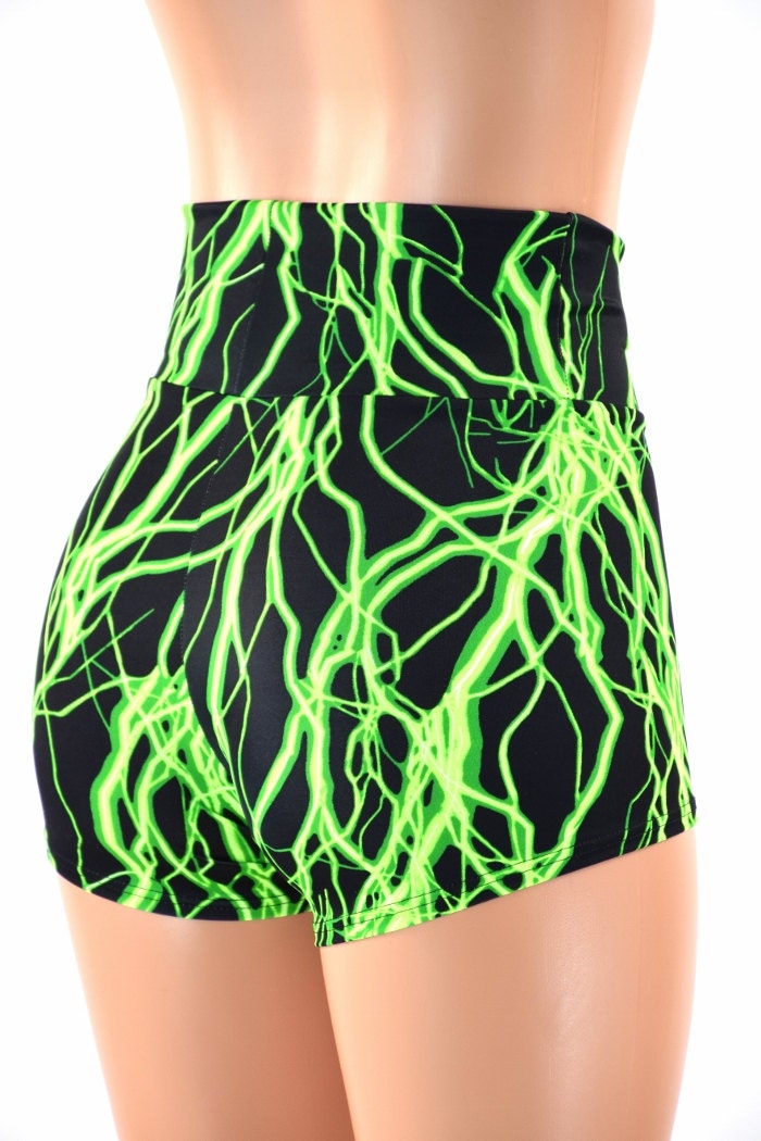 NEON UV Glow Green Lightning Print High Waist Shorts 152433 - Etsy