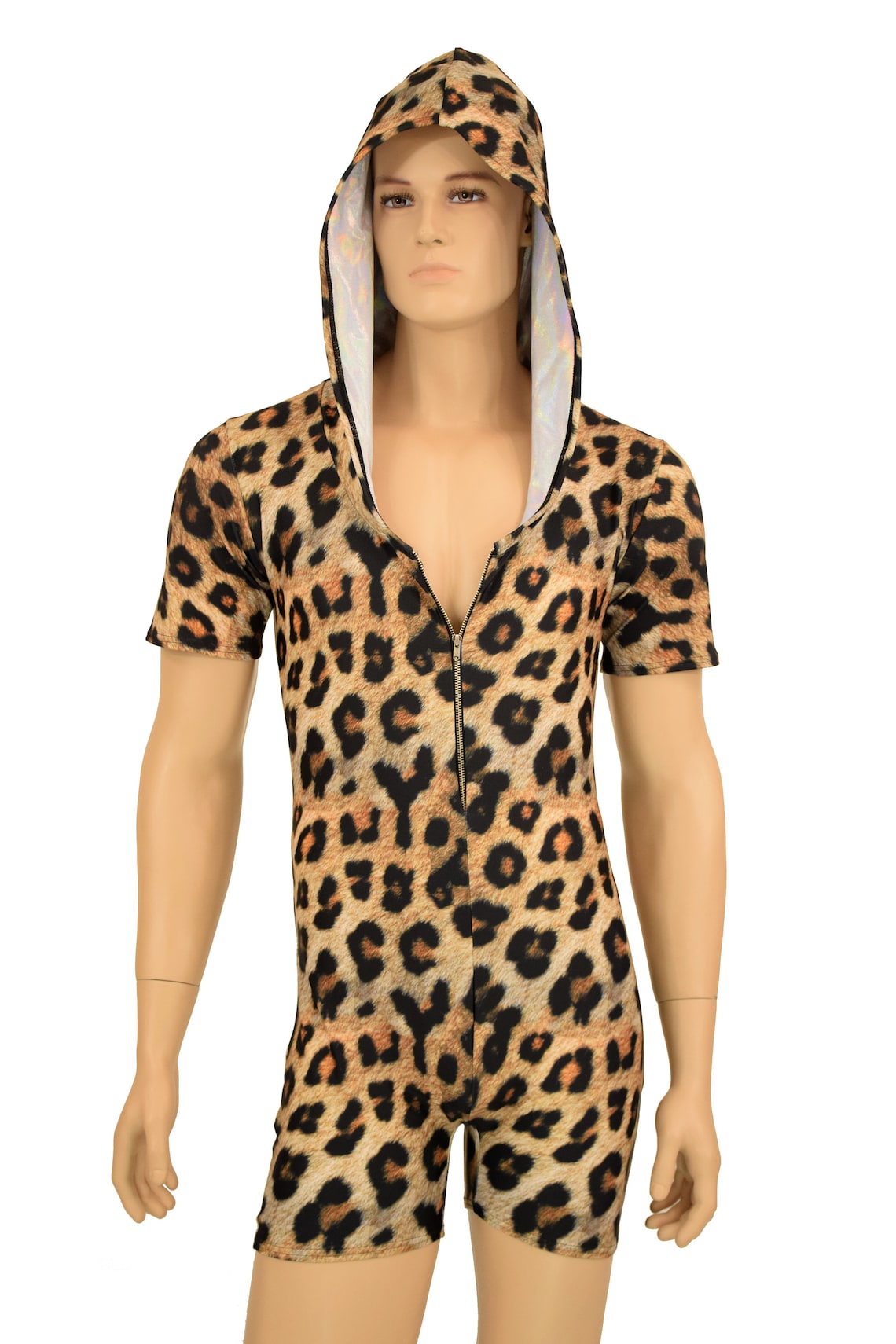 Mens Leopard Print Zipper Front Tee Length Sleeve Hoodie Romper W ...