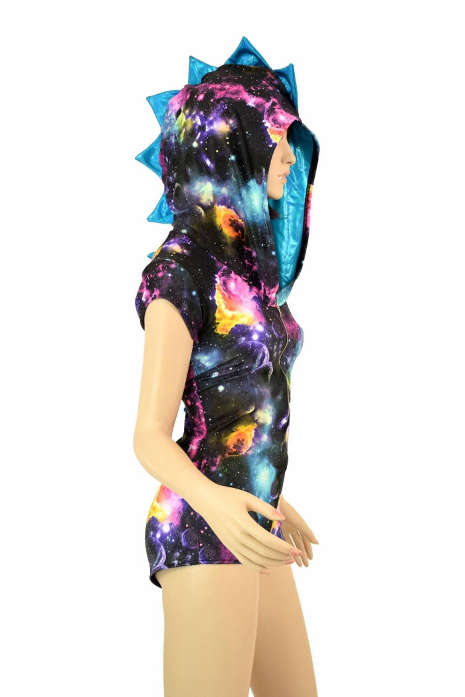 Zipper Front UV Glow Galaxy Dragon Cap Sleeve Hoodie Romper With ...