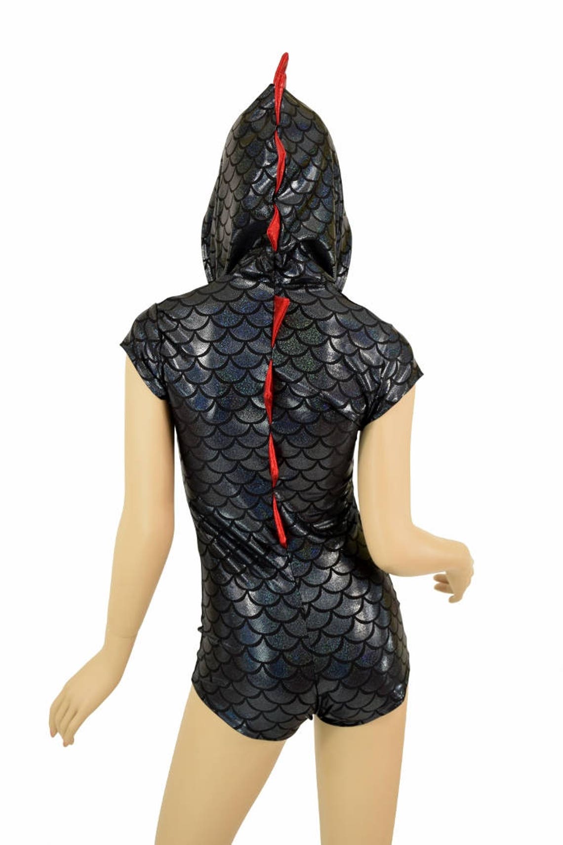 Black Dragon Scale Cap Sleeve Hoodie Romper With Red - Etsy