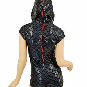 Black Dragon Scale Cap Sleeve Hoodie Romper With Red Holographic Spikes ...