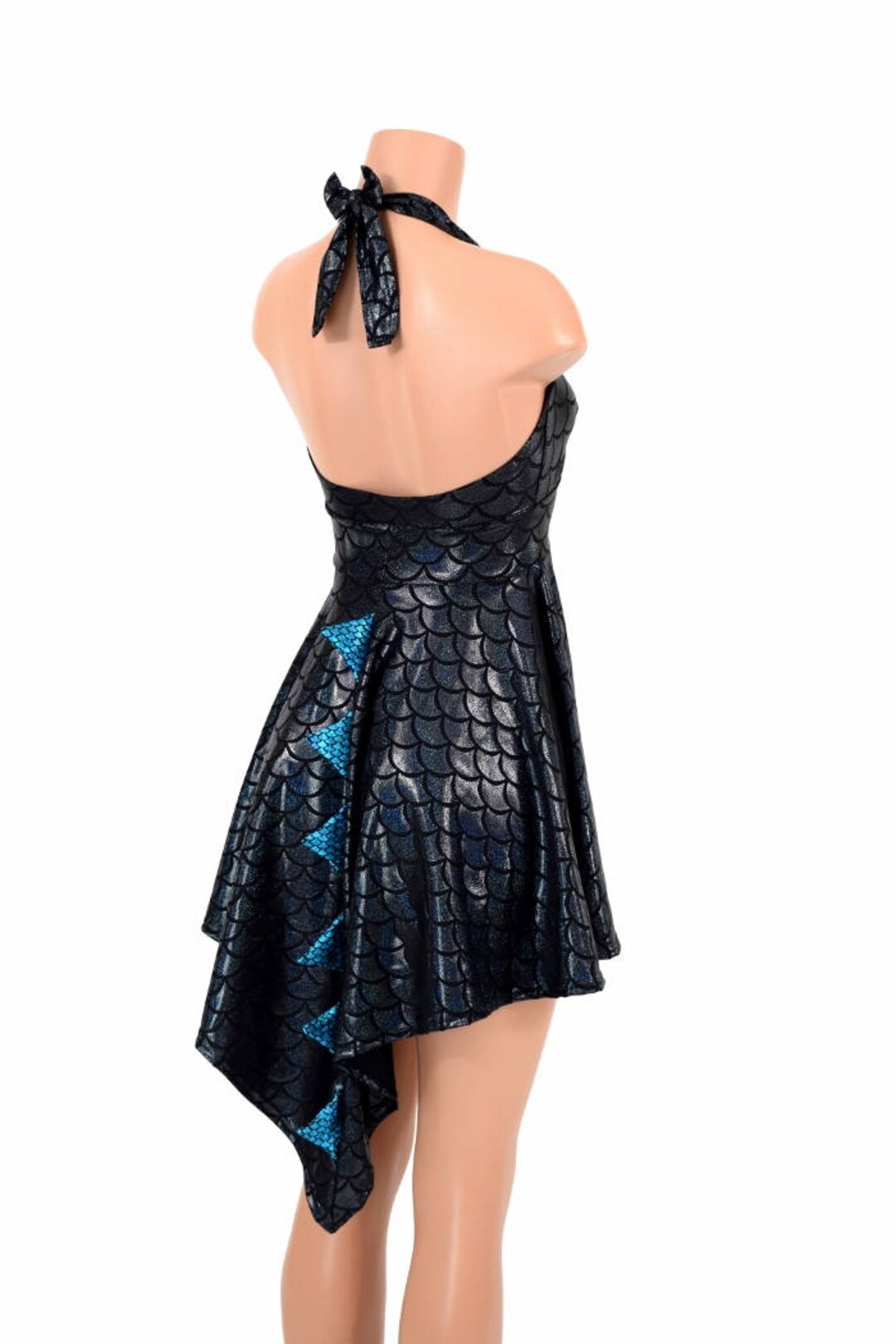 Black Dragon Scale Halter Tie Back Dragon Tail Hemline Skater Dress With Aquamarine Fish Scale ...