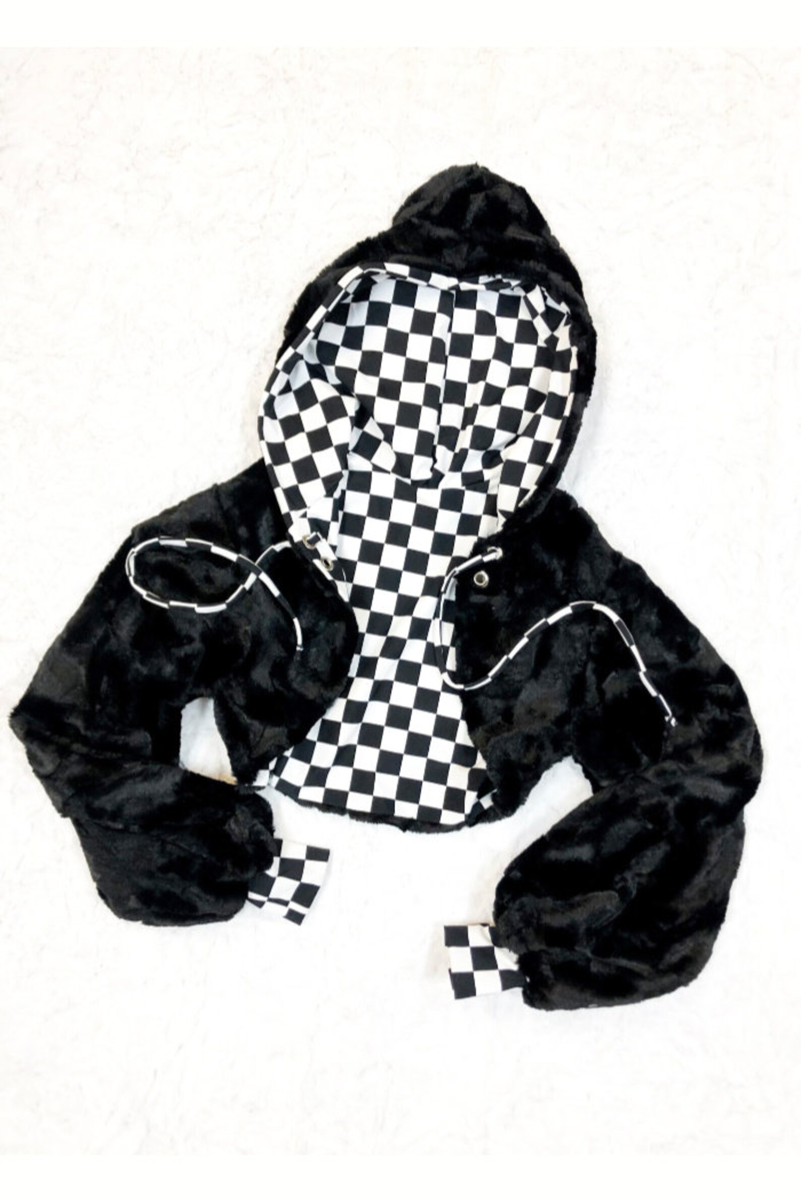 Black Minky Faux Fur Balloon Sleeve Hooded Shrug With Black & White ...