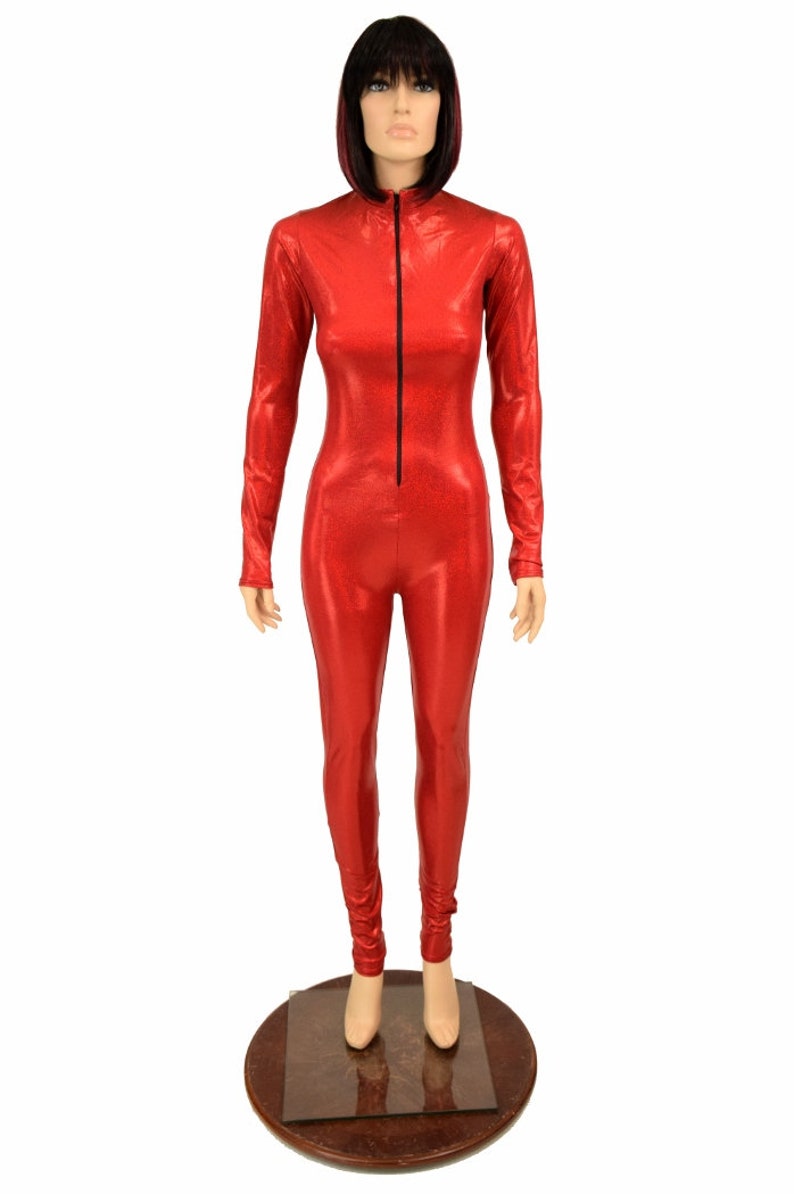 Red Sparkly Jewel Catsuit With Long Sleeves and Stella Front Zippered ...