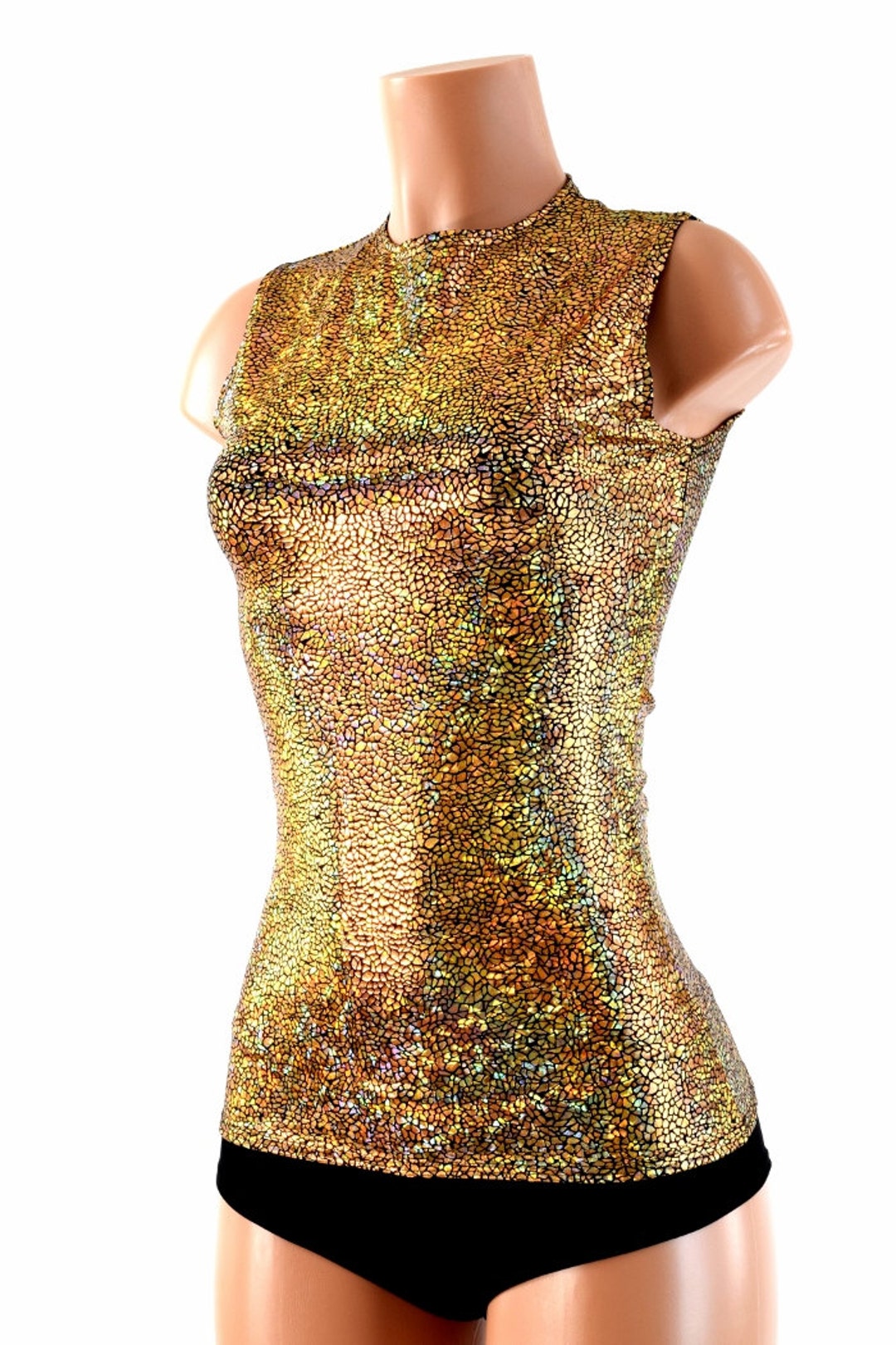 Full Length Sleeveless Holographic Top With Crew Neckline in Gold on ...