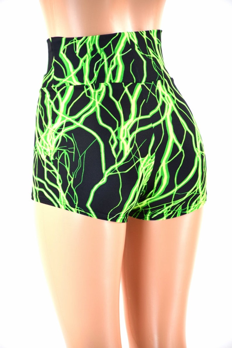 NEON UV Glow Green Lightning Print High Waist Shorts 152433 | Etsy