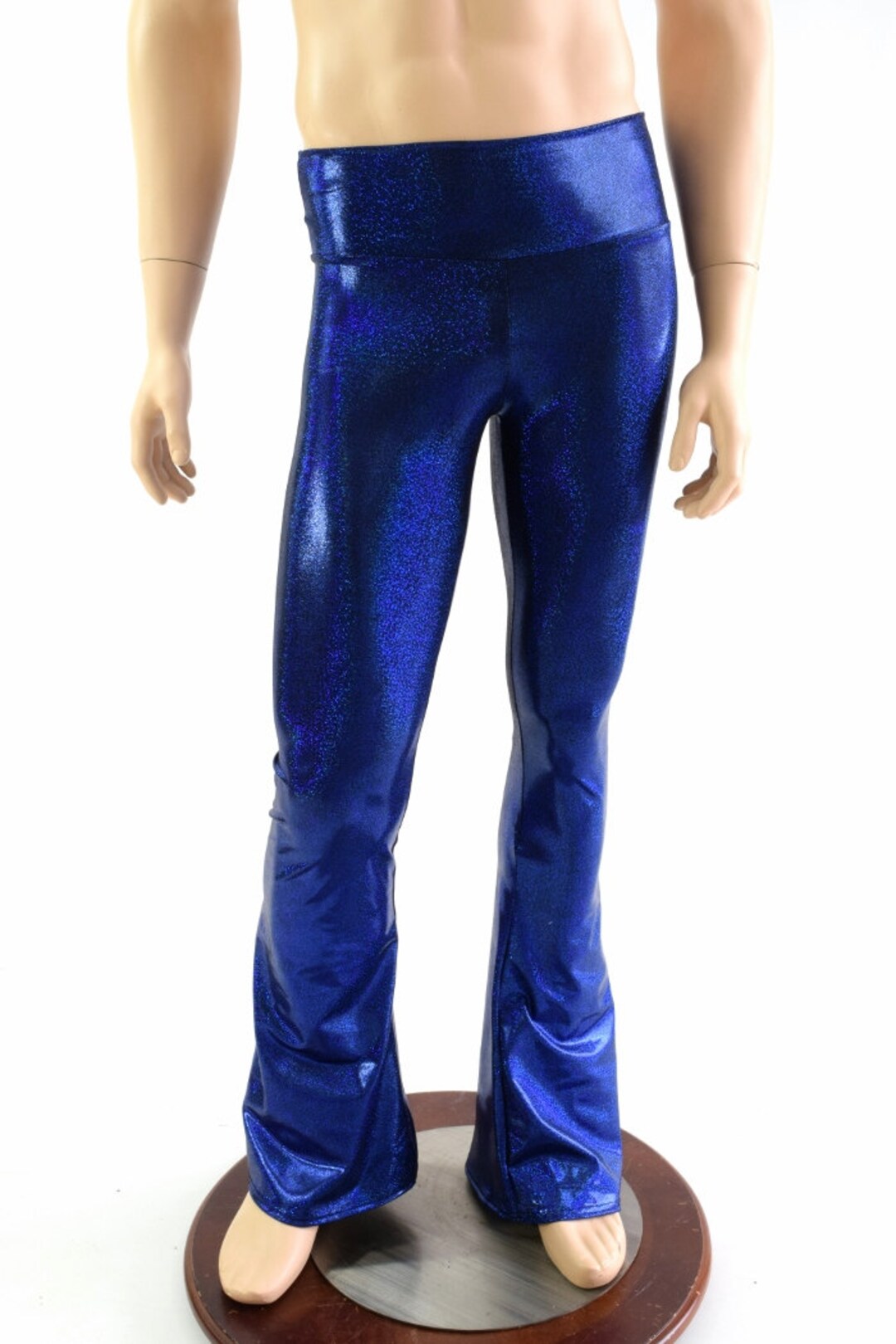 Mens Blue Sparkly Jewel Holographic Bootcut Spandex Pants Rockstar Rave ...