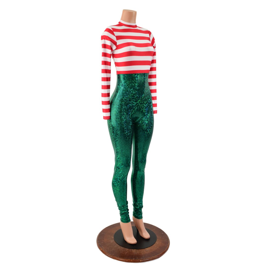 Christmas Elf Keyhole Back Catsuit With Long Sleeves, in Red and White ...