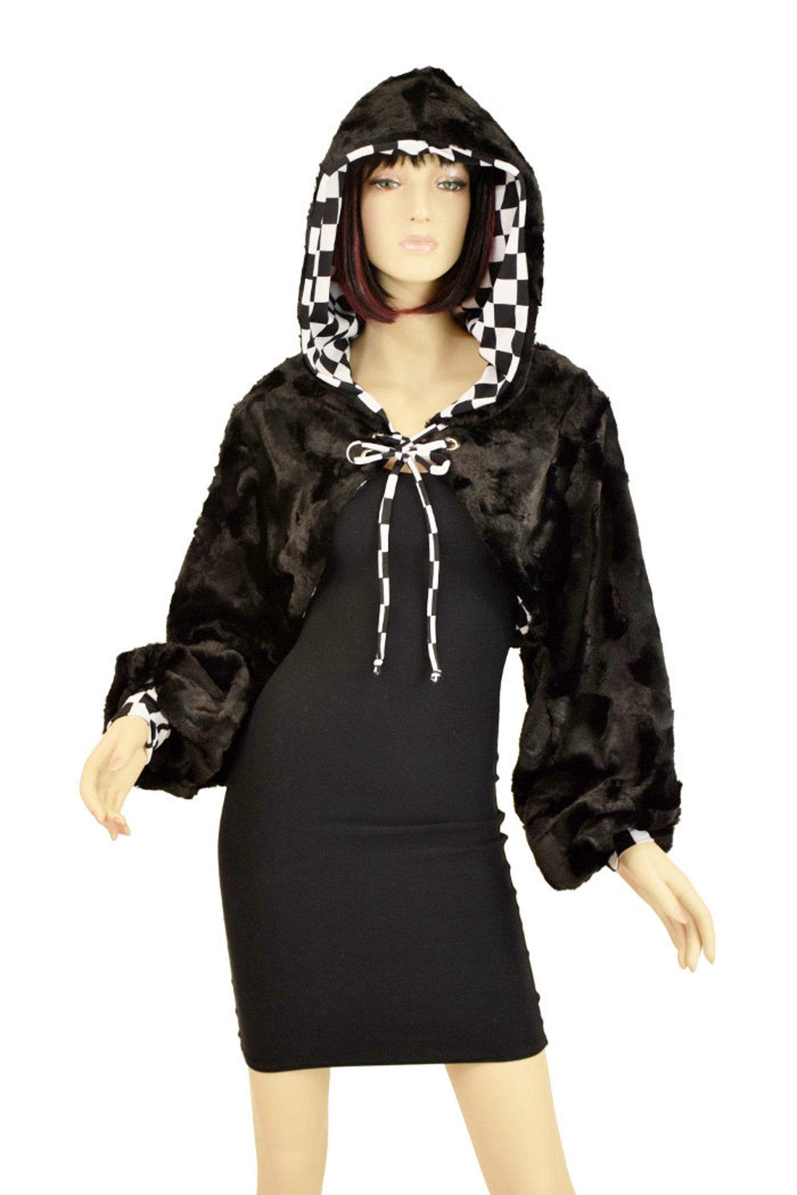 Black Minky Faux Fur Balloon Sleeve Hooded Shrug With Black & White ...