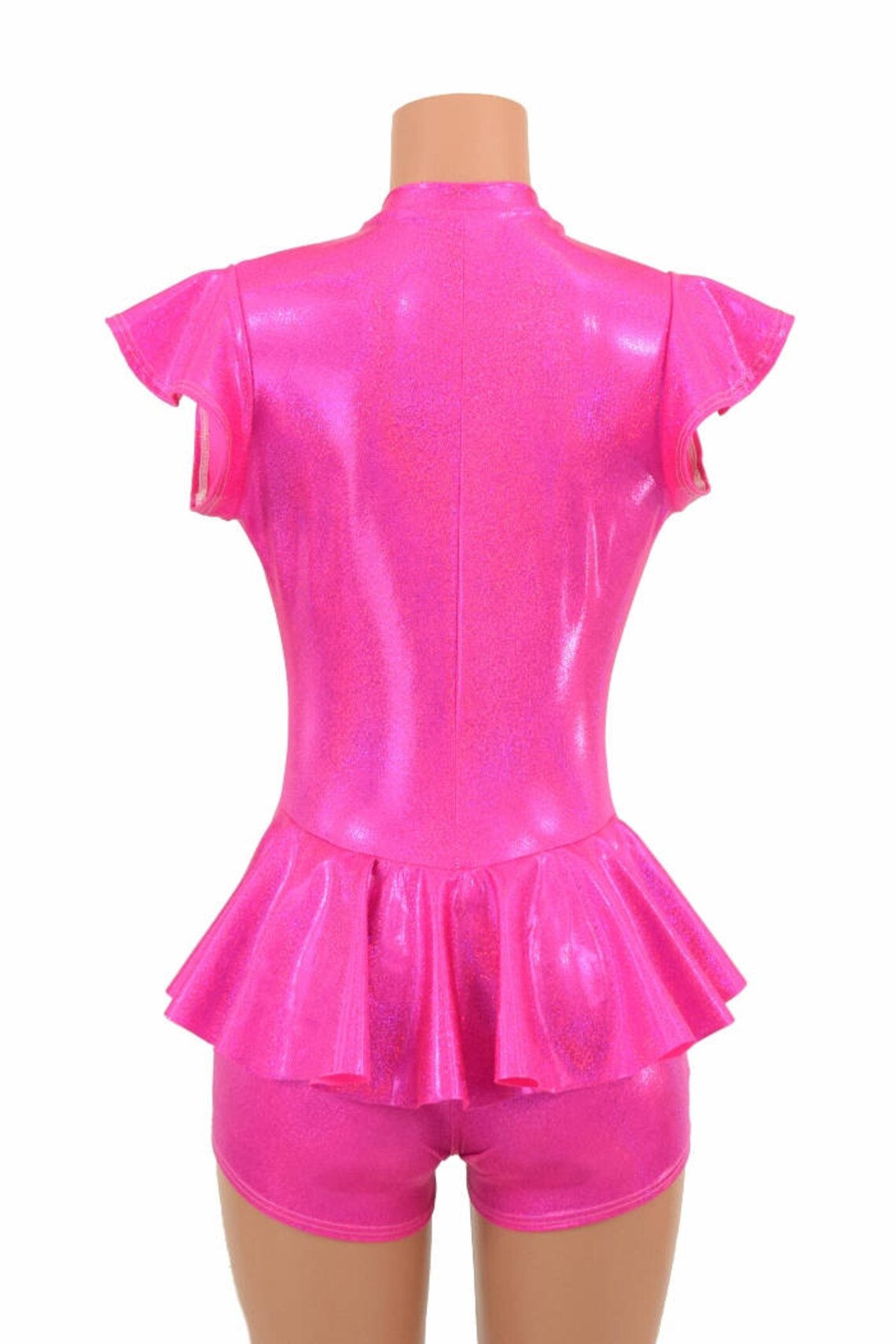 Plunging V Neck Romper With Ruffle Rump, Flip Sleeve, and Boy Cut Leg ...