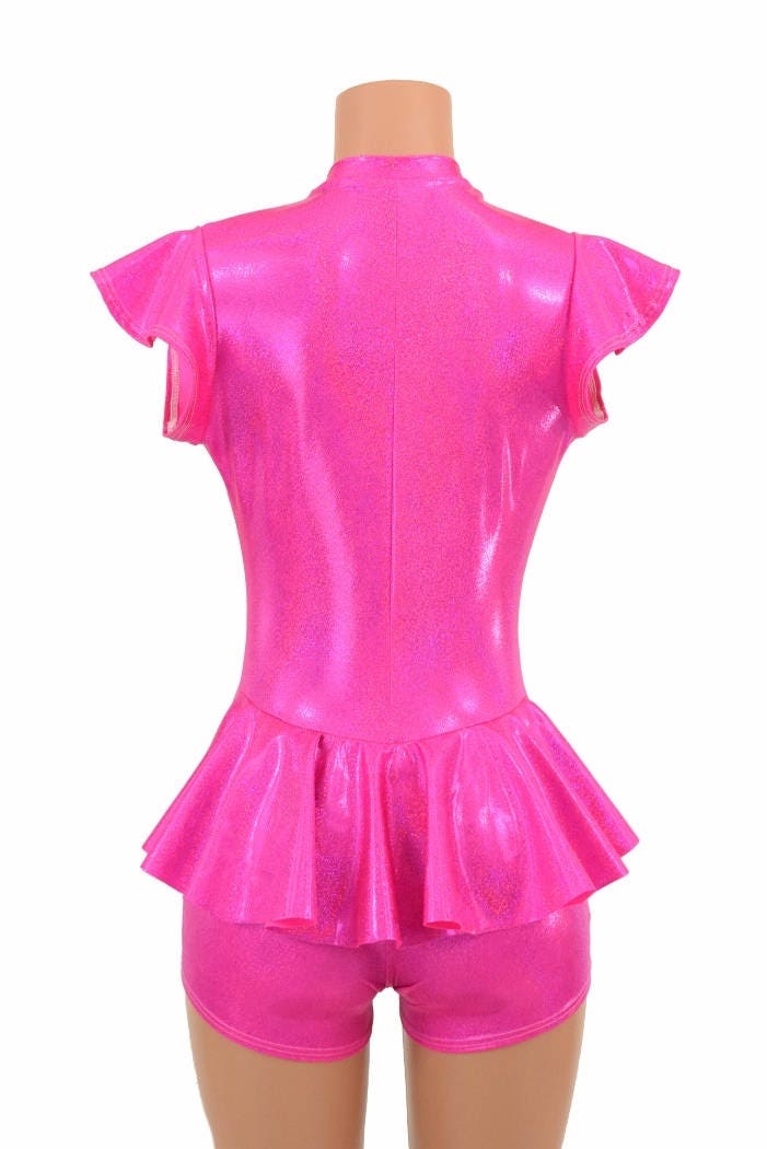 Plunging V Neck Romper With Ruffle Rump, Flip Sleeve, and Boy Cut Leg ...