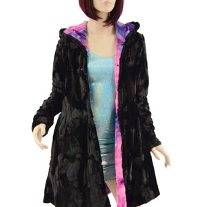 Reversible Minky A Line Coat in Black Minky Faux Fur and Razzle Dazzle ...