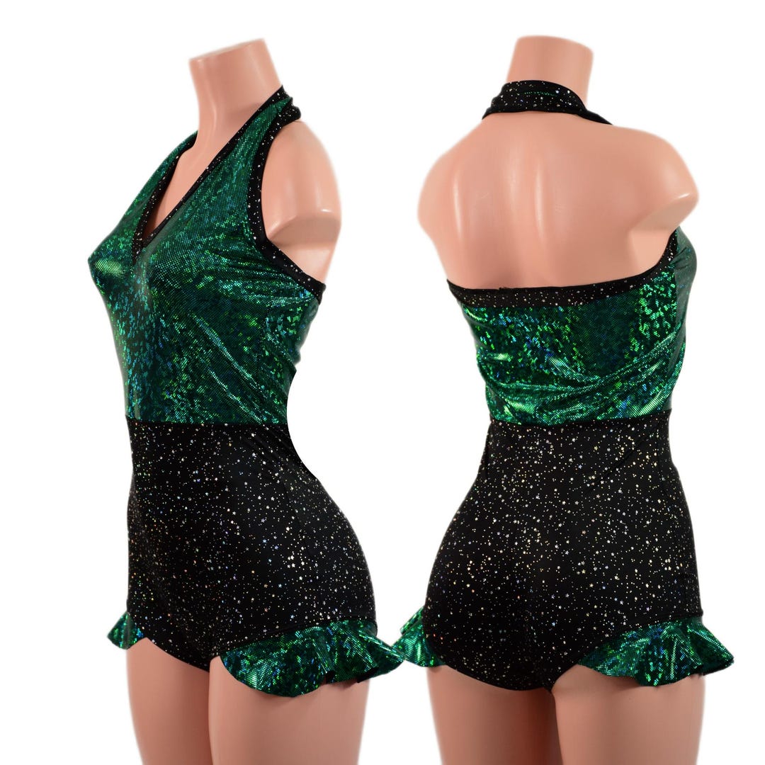 Backless Romper With Boy Cut Leg, Backless V Neck, and Hip Ruffles ...