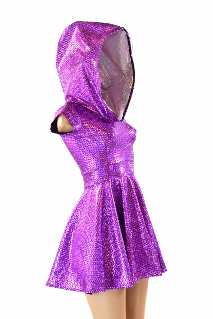 Purple Holographic Fish Scale Cap Sleeve Hoodie Skater Dress With Lilac ...