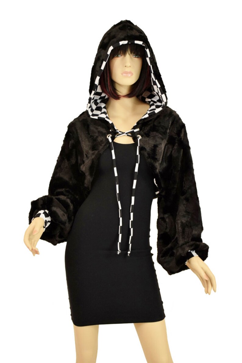 Black Minky Faux Fur Balloon Sleeve Hooded Shrug With Black & White ...