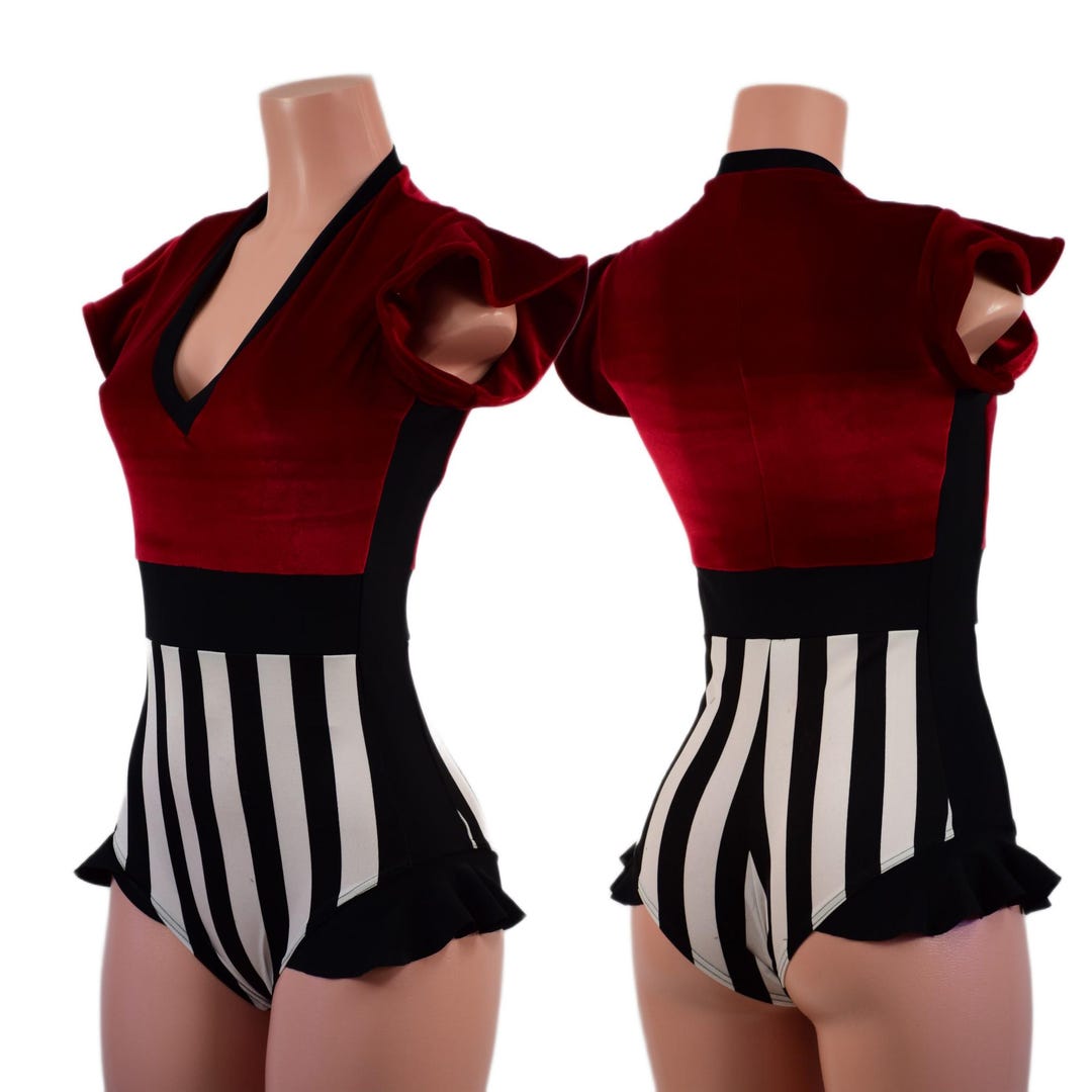 Circus Stripes and Red Velvet Romper With Side Panels, Waistband, and ...