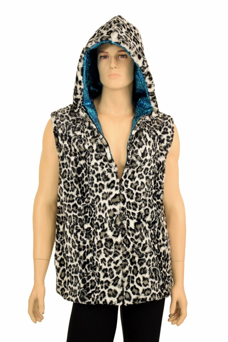 Mens Zipper Front Hooded Reversible Vest in Minky Snow Leopard Faux Fur ...