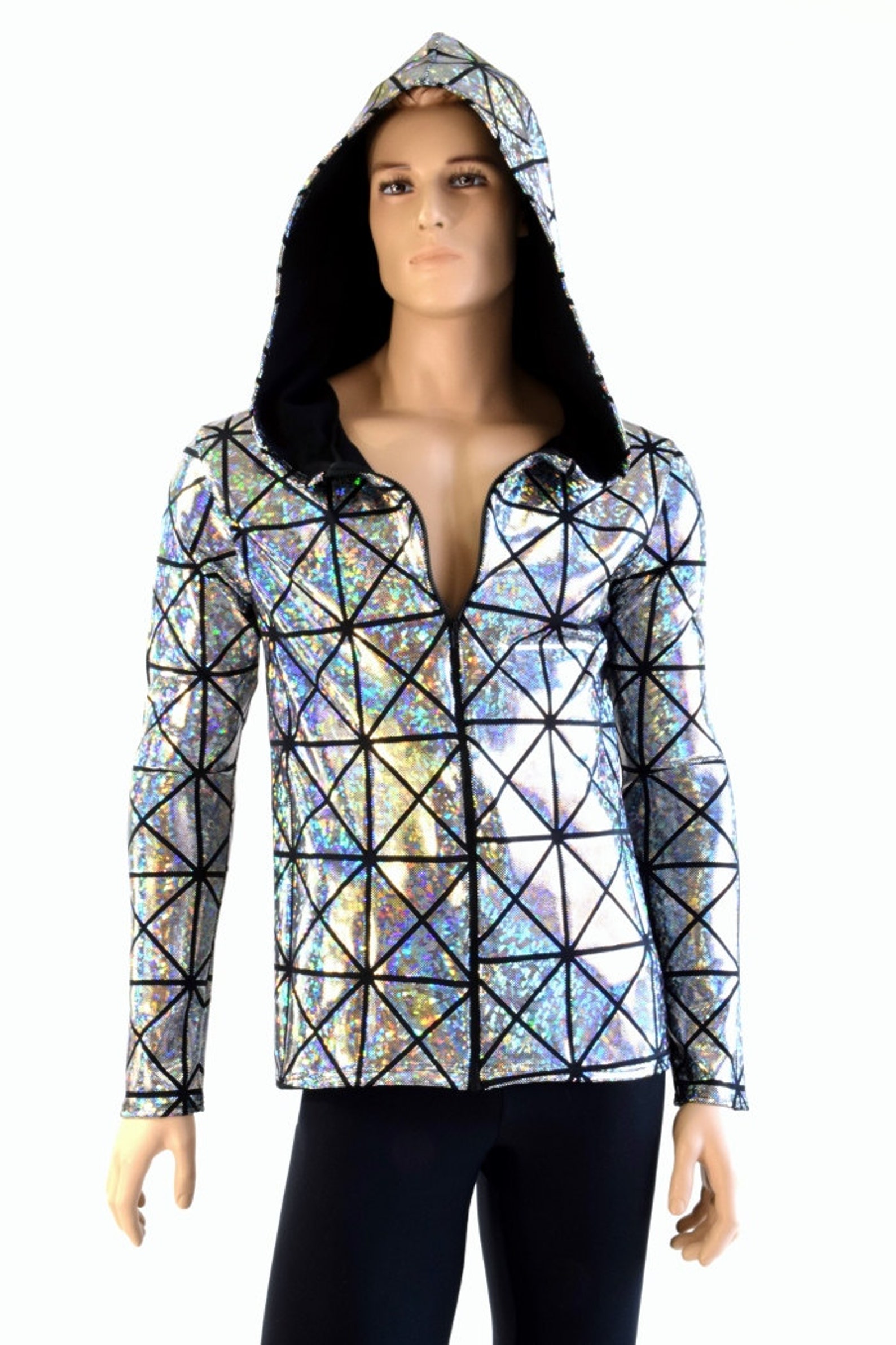 Mens Silver on Black Cracked Tile Holographic Long Sleeve Zipper Front ...