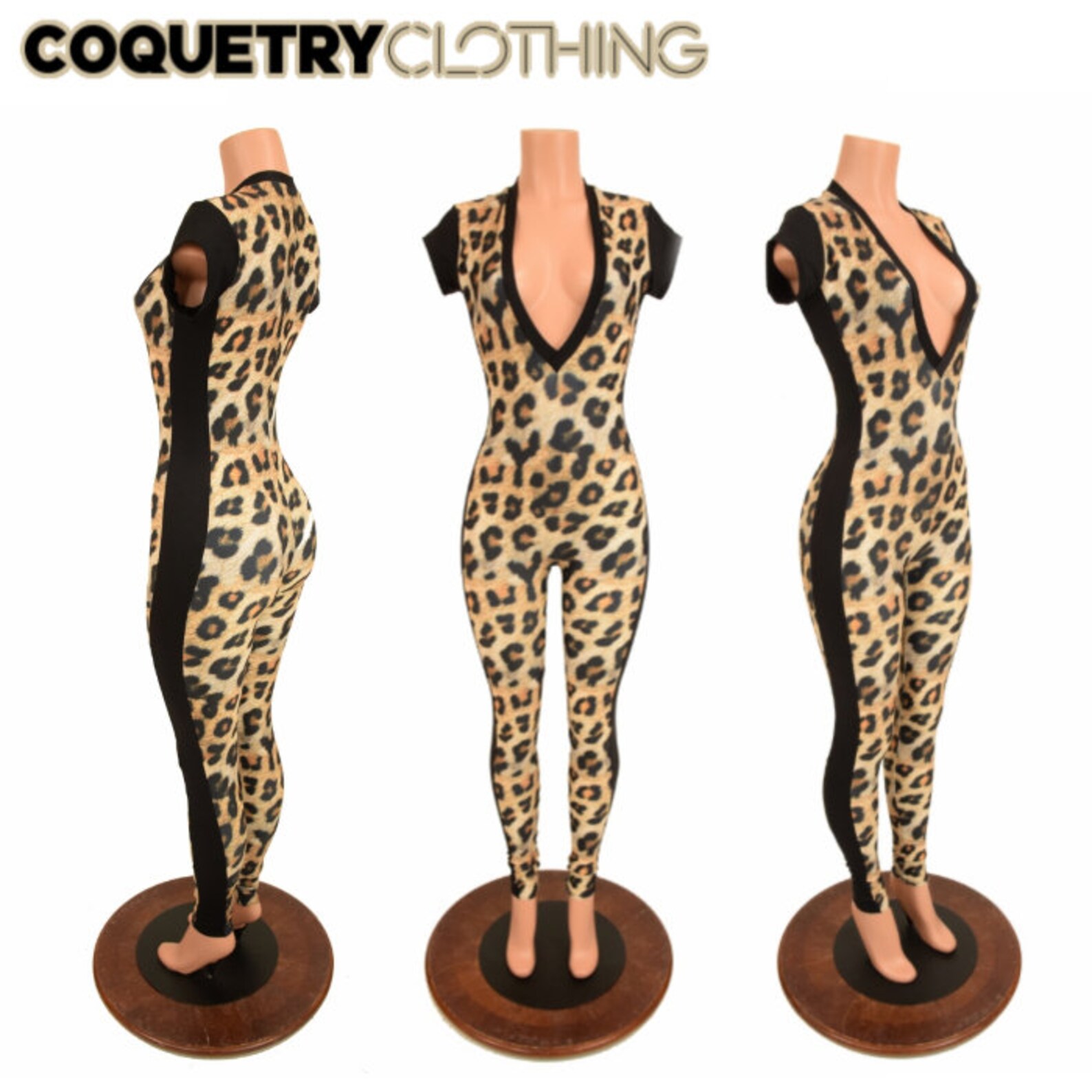 Leopard Print Catsuit With Black Mystique Cap Sleeves Deep - Etsy