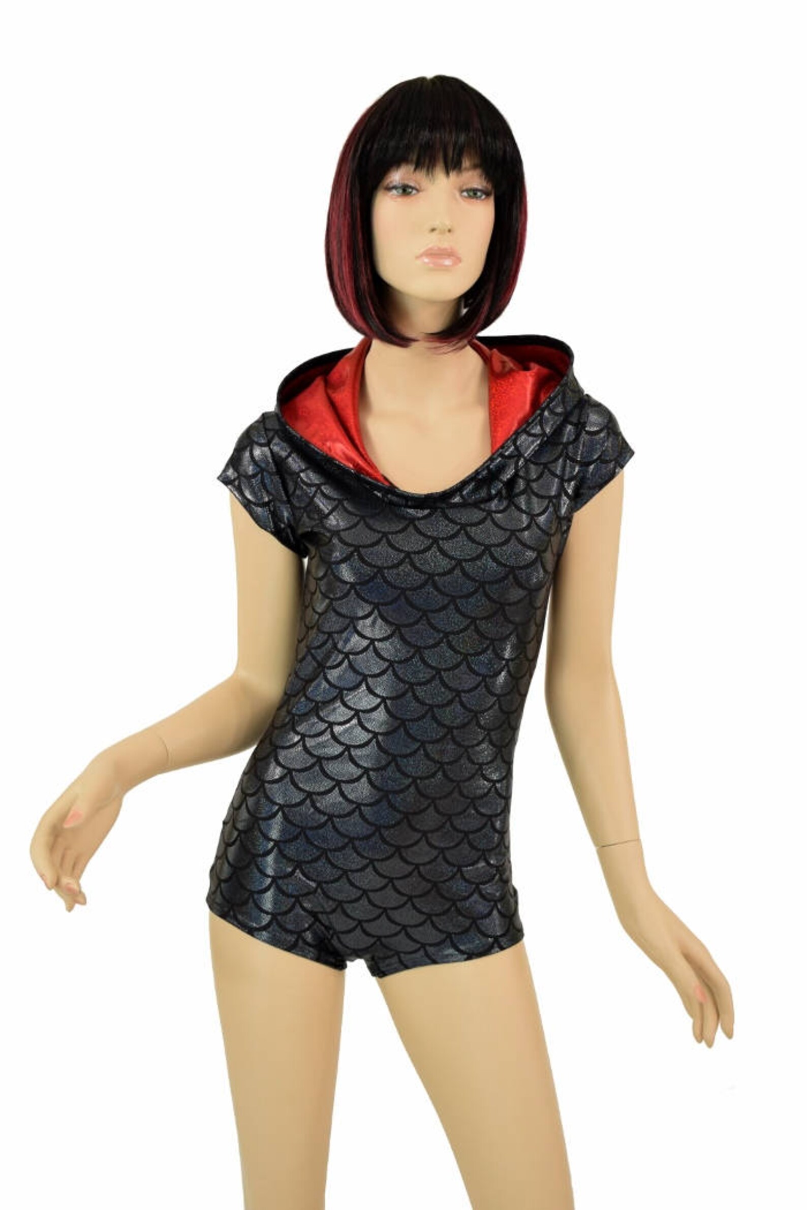 Black Dragon Scale Cap Sleeve Hoodie Romper With Red - Etsy