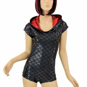 Black Dragon Scale Cap Sleeve Hoodie Romper With Red Holographic Spikes ...