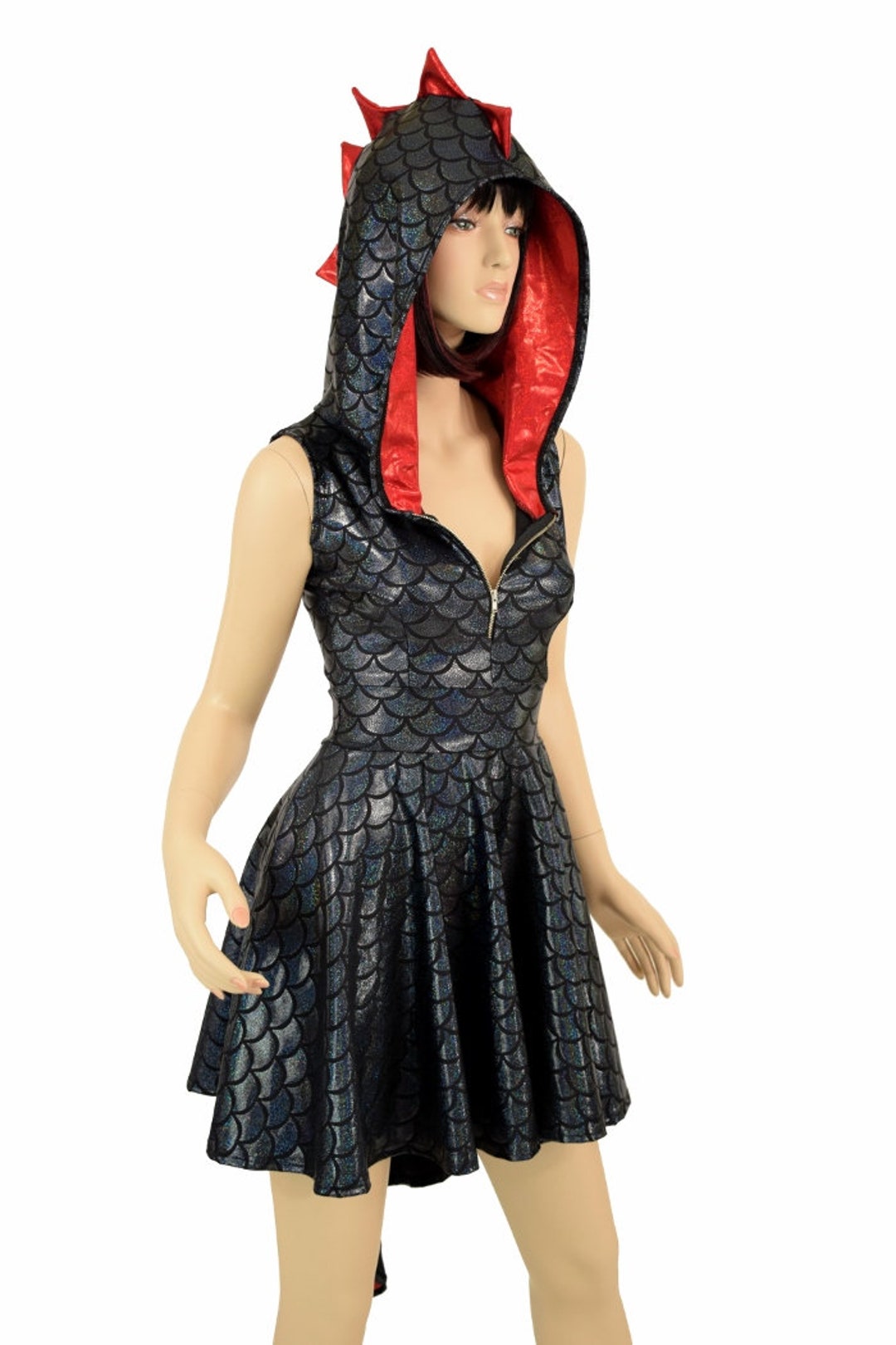 Black Dragon Scale Sleeveless Zipper Hoodie Skater Dress With Dragon ...