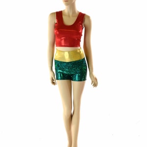 2PC Red Metallic Tank Top, Green Kaleidoscope High Waist Booty Shorts W ...