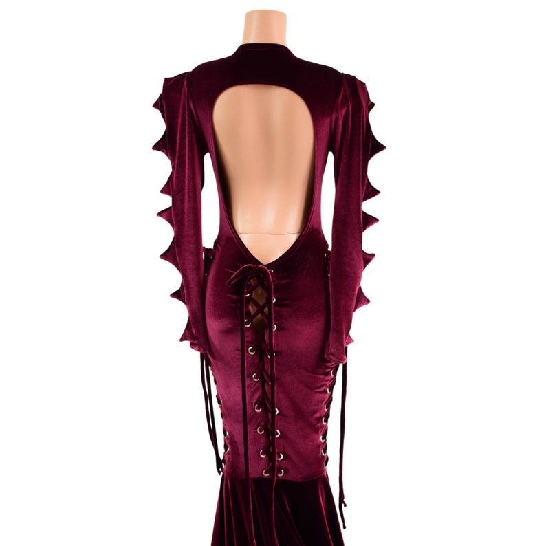 Burgundy Velvet Laceup Gown With Sharp Shoulder Spiked Sleeves, Back ...