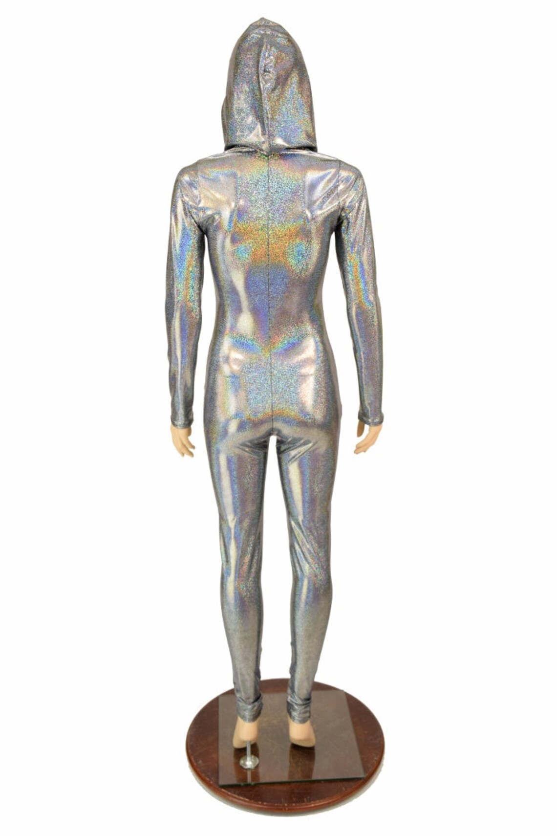 Silver Holographic Sparkly Long Sleeve Catsuit W/black Zen Lined Hood ...