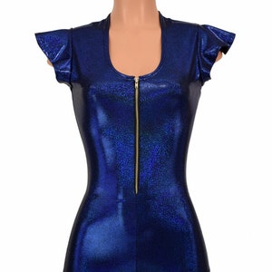Blue Sparkly Jewel Romper With Boy Cut Leg, Scoop Neck and Front Zipper ...