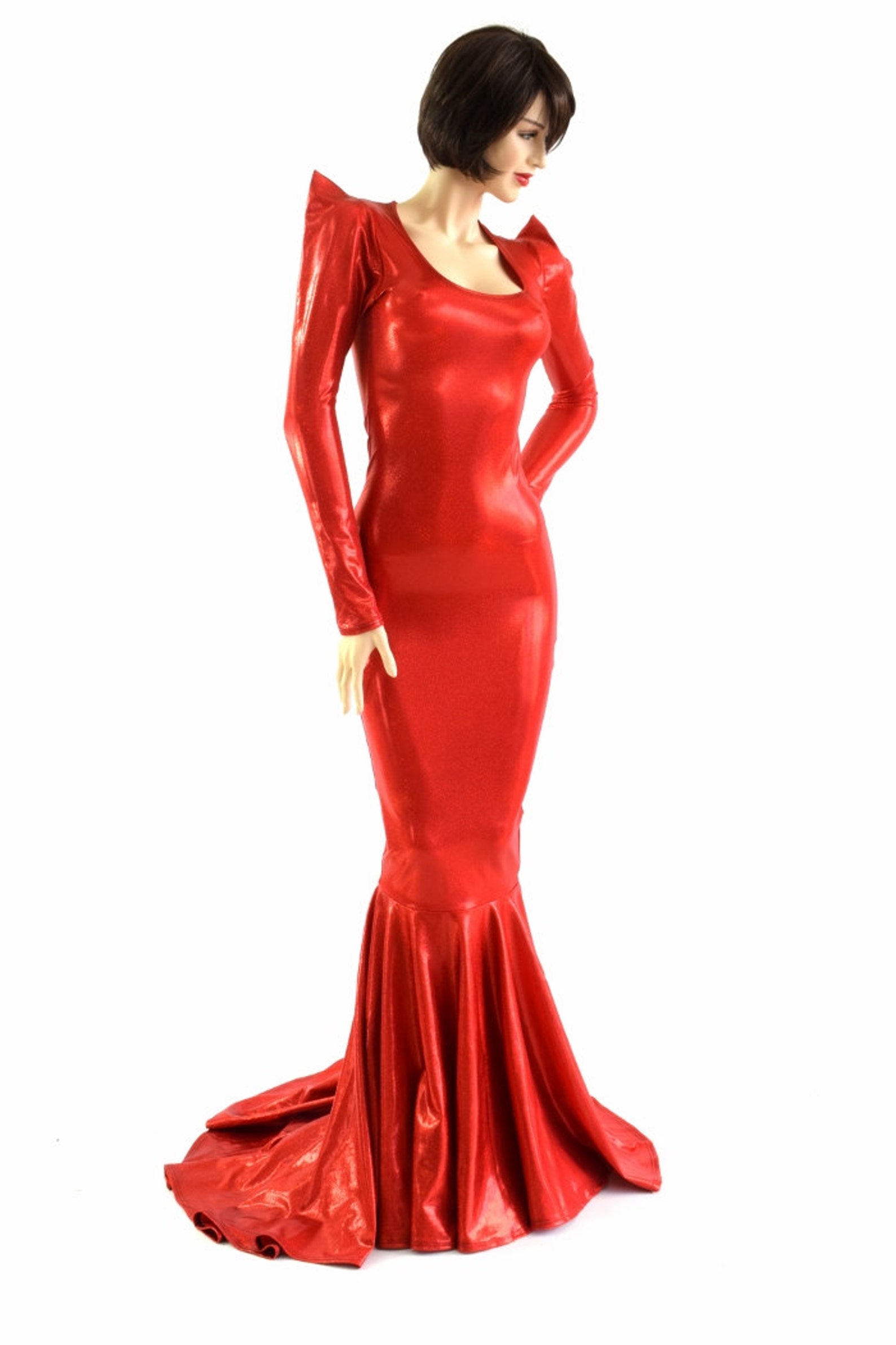 Red Sparkly Jewel Sharp Shoulder Gown With Scoop Neckline, Long Sleeves ...