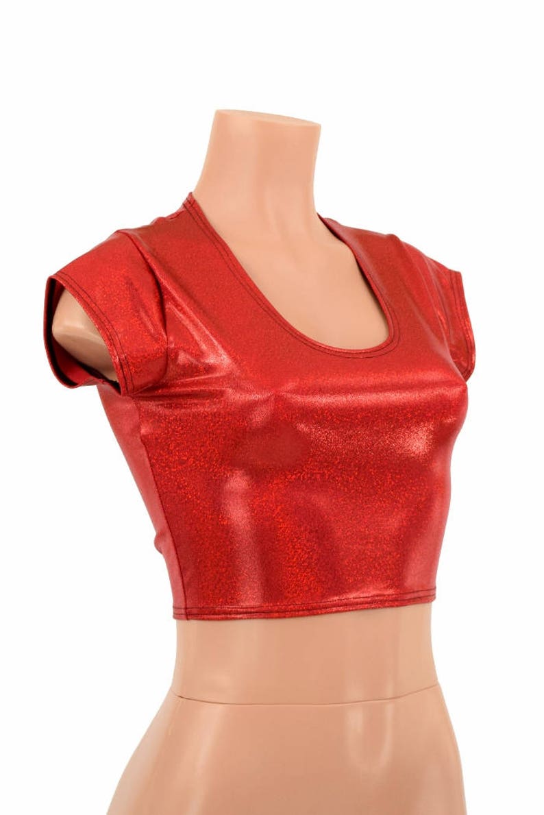Red Metallic Crop Top With Cap Sleeves and Scoop Neckline 150055 - Etsy