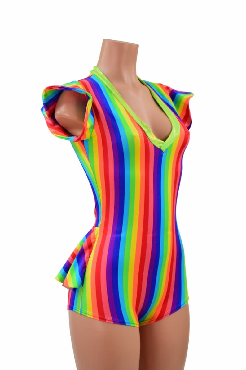 Vertical Stripe Rainbow Romper With Flip Sleeve Ruffle Rump - Etsy