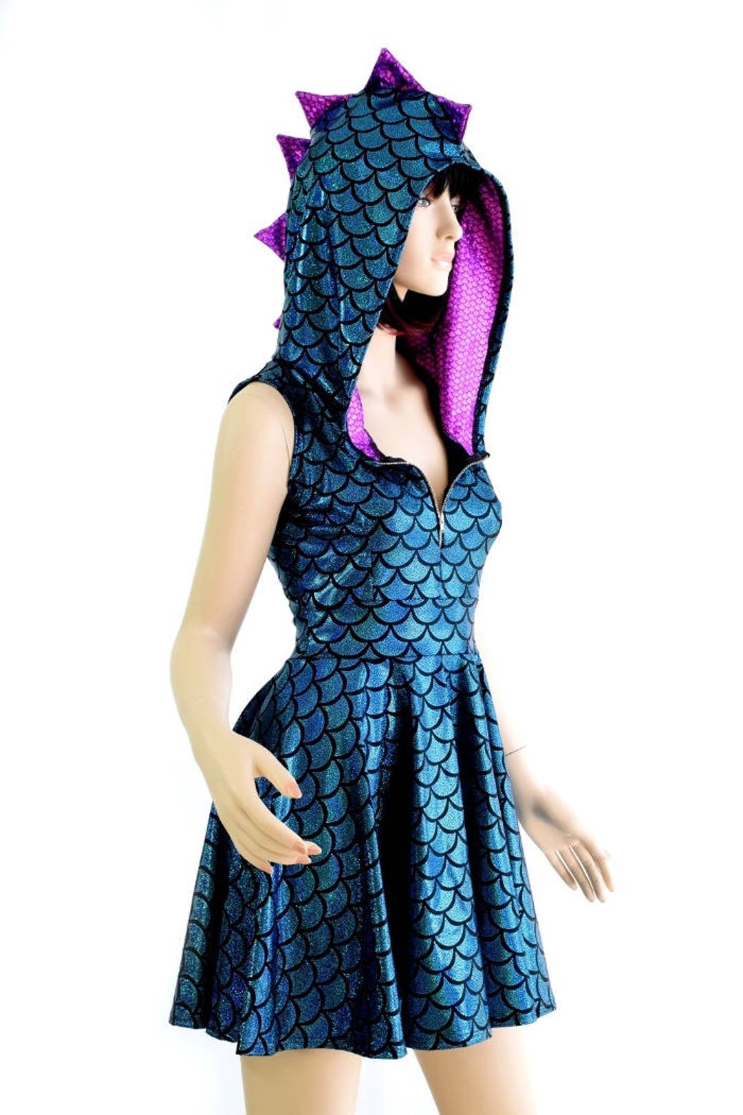 Turquoise Dragon/mermaid Scale Sleeveless Zipper Front Skater Dress ...
