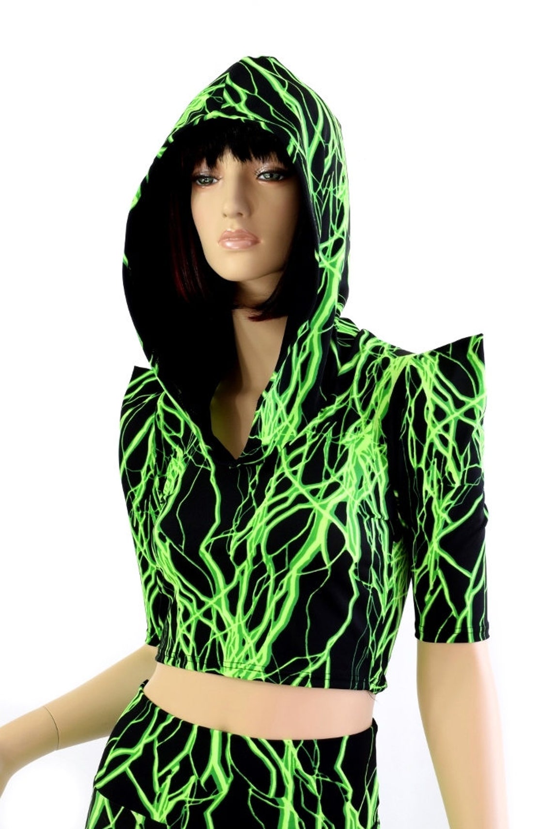 Neon UV Glow Green Lightning Half Sleeve Sharp Shoulder Crop Hoodie ...