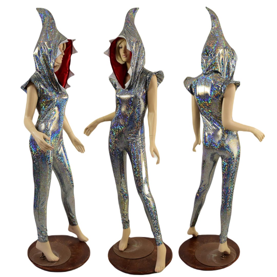 Silver Kaleidoscope Shark Hooded Catsuit With Flip Sleeve, Red Sparkly ...