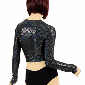Black Metallic Dragon Scale Long Sleeve Crop Top Rave Clubwear -E7562 ...