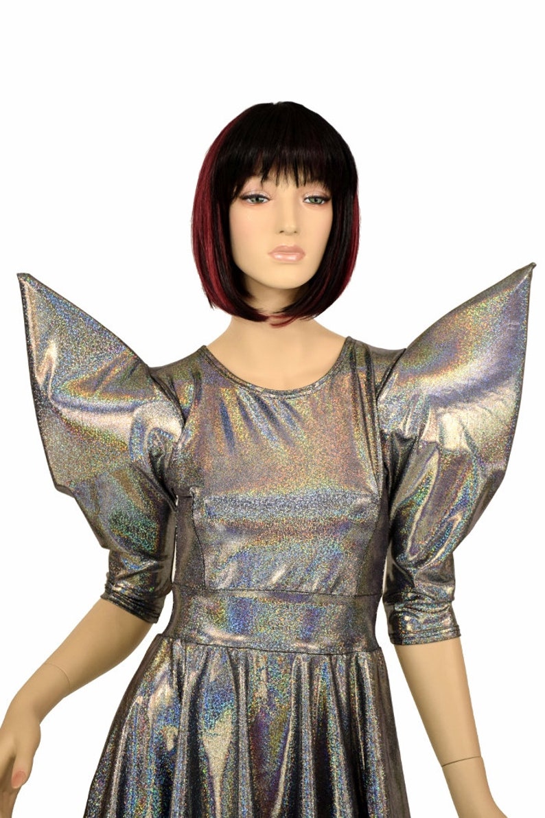 Mega Huge Sharp Shoulder Crew Neck Skater Dress in Silver Holographic ...
