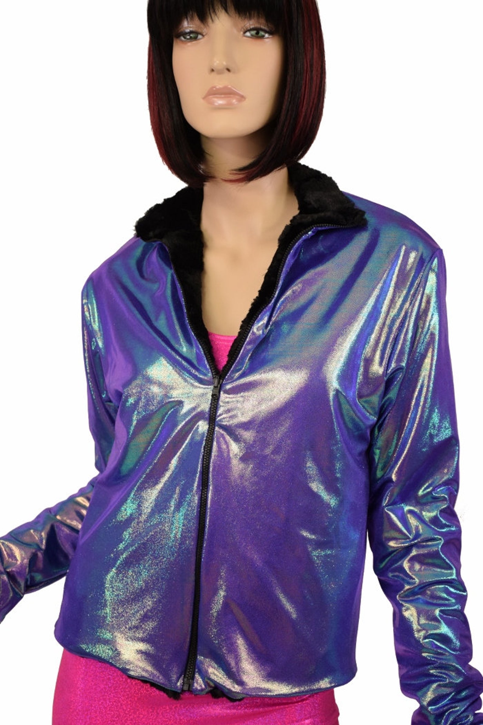 Reversible Black Minky Faux Fur Short Hoodless Jacket With Moonstone ...