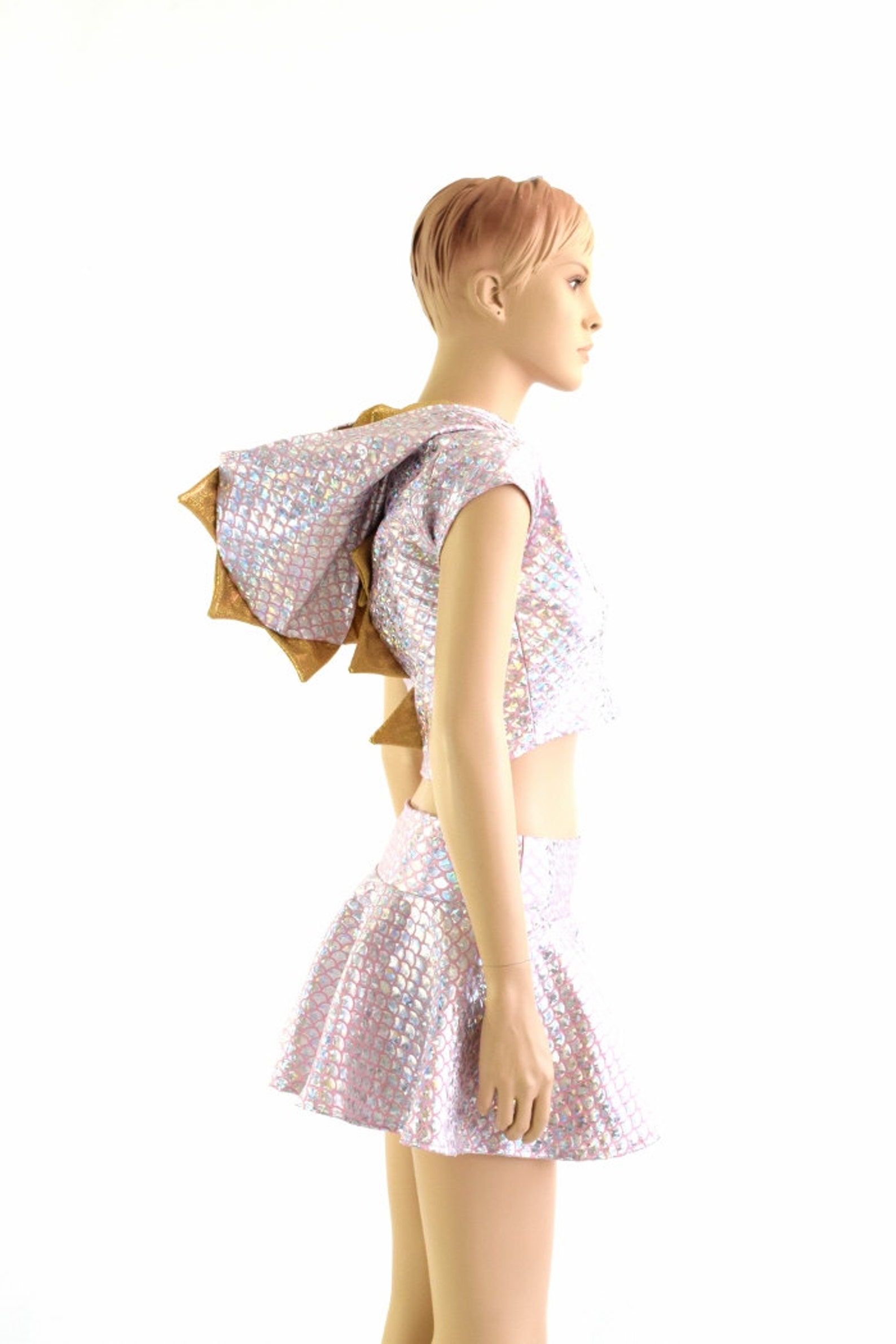 Pink and Silver Mermaid Scale Cap Sleeve Zipper Front Crop and Rave ...