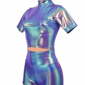 Moonstone Metallic Tee Length Sleeve Short Collar Crop Top & High Waist ...
