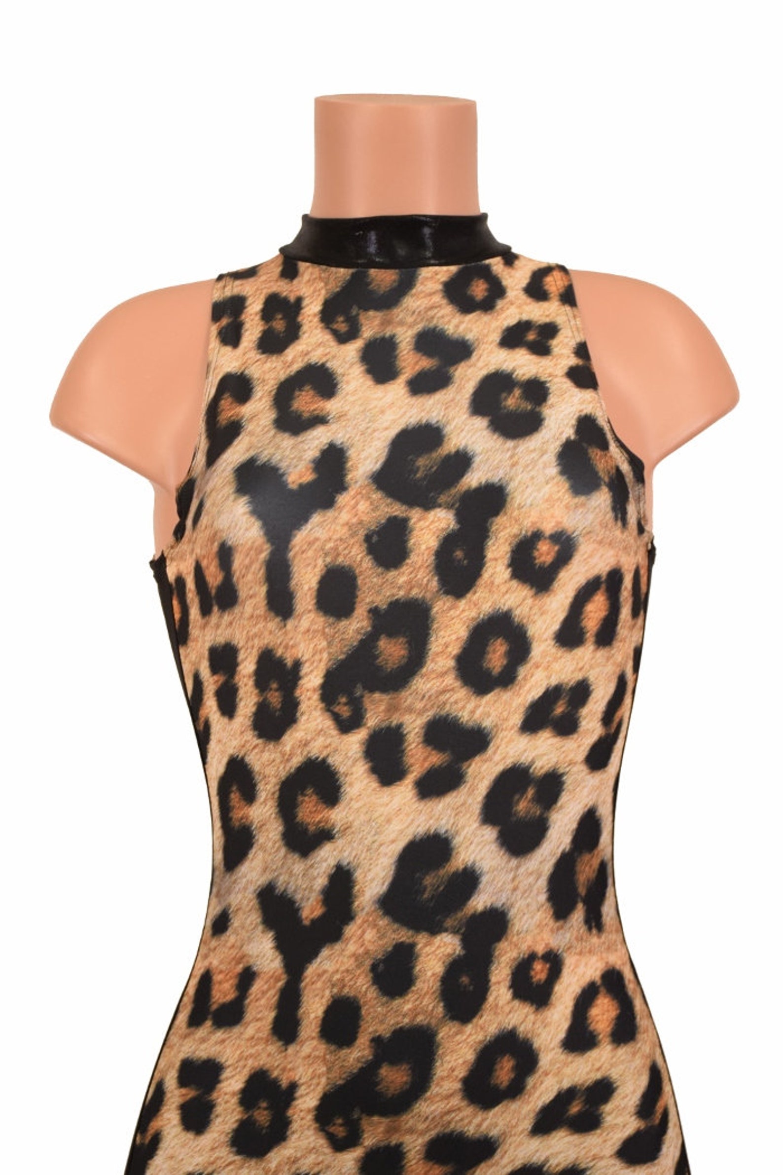 Leopard Print Zipper Back Catsuit With Black Mesh Side Panels and Black ...