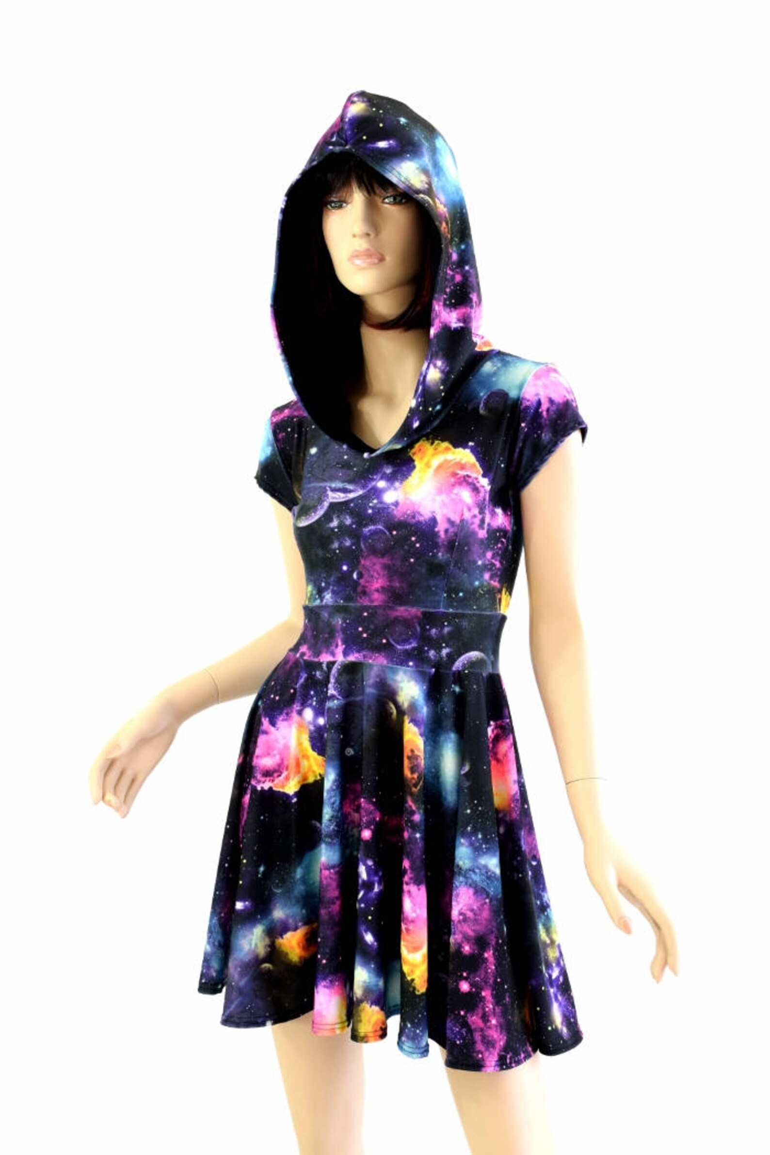 UV Glow Galaxy Print Hoodie Cap Sleeve Fit and Flare Skater | Etsy