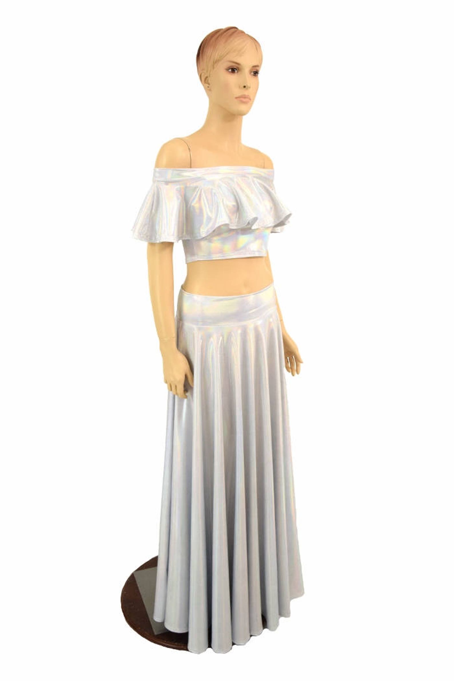 2PC Flashbulb Holographic off Shoulder Crop Top With Long Maxi - Etsy
