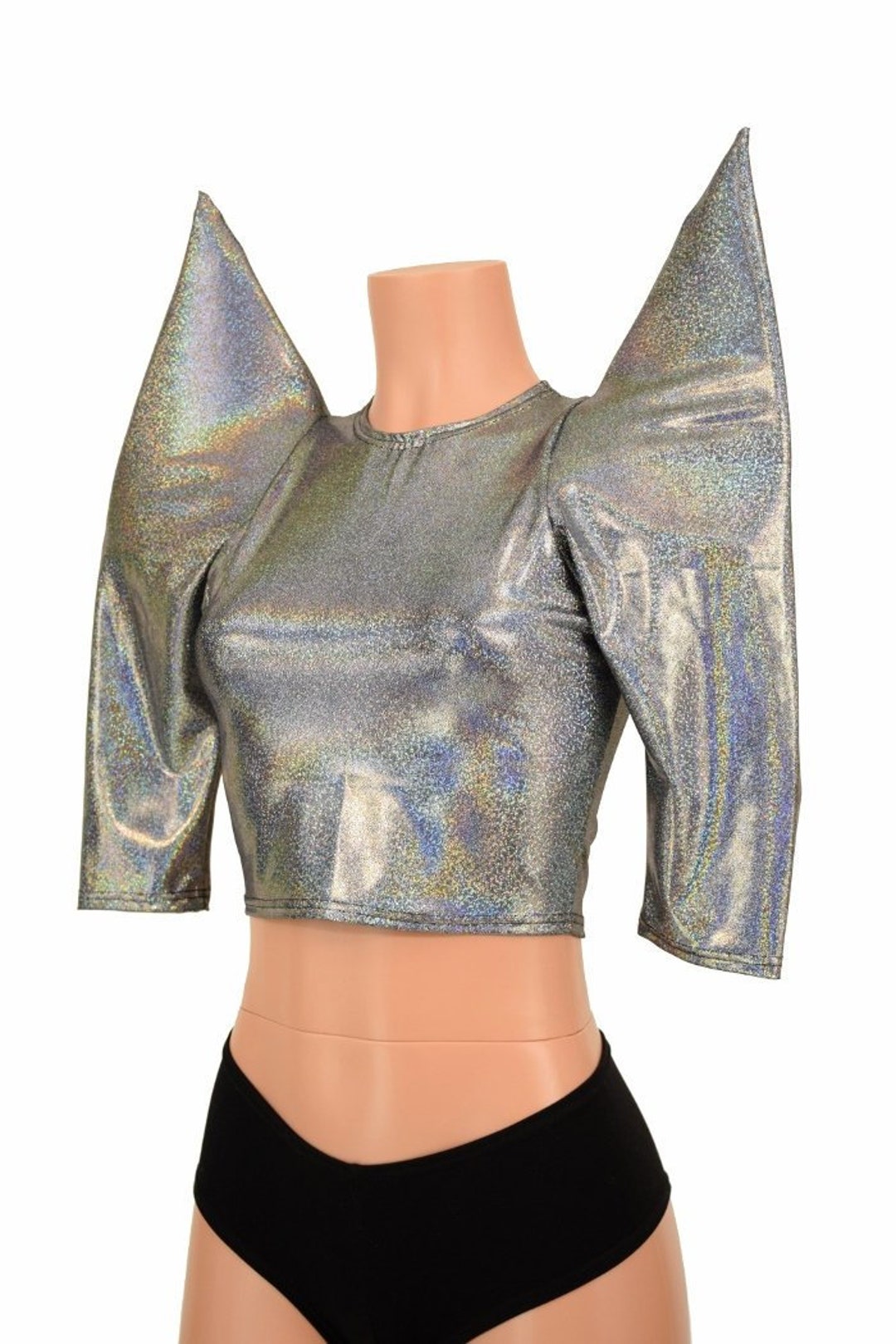 Silver Holographic MEGA Sharp Shoulder Half Sleeve Crew Neck Crop Top ...
