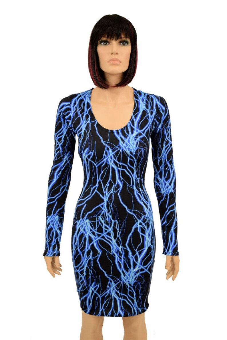NEON UV Blue Lightning Print Long Sleeve Bodycon Clubwear - Etsy