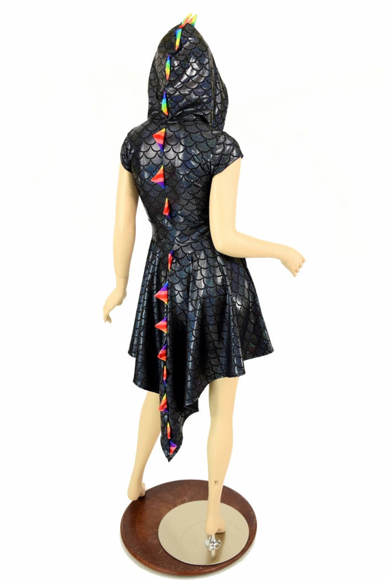 Black Dragon Scale Cap Sleeve Hoodie Skater Dress With Dragon Tail ...