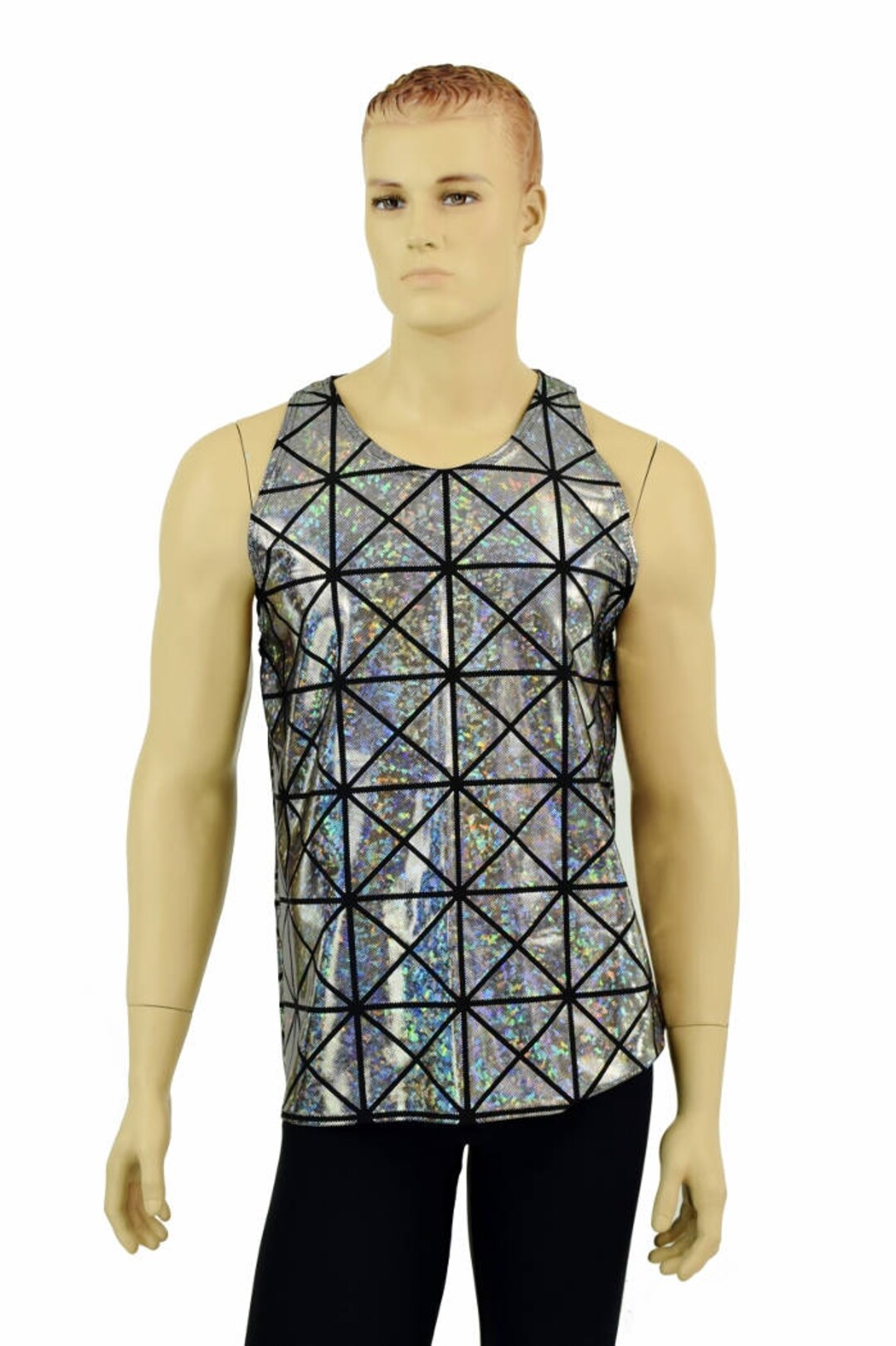 Mens Silver on Black Cracked Tile Holographic Nylon Spandex Muscle ...